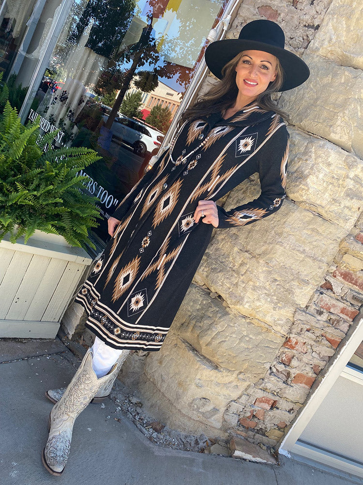 Southwestern Style Button Front Long Duster Coat Black And Camel