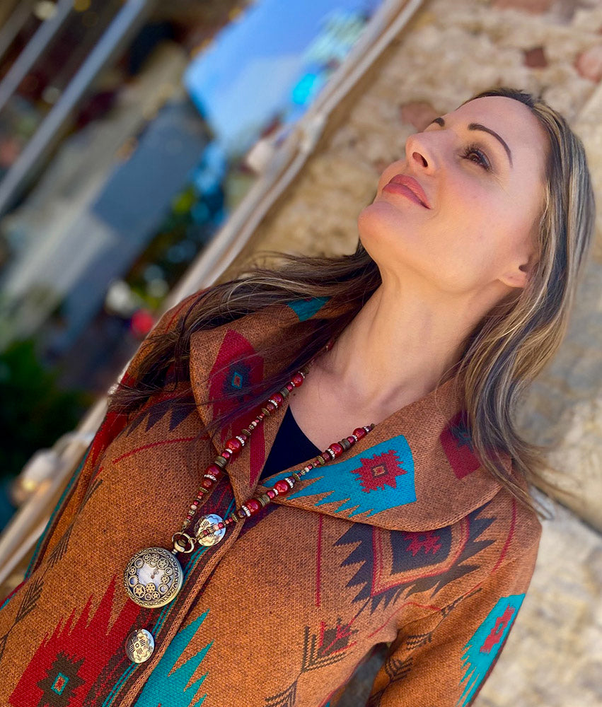 Southwestern Style Button Front Long Duster Coat Rust Tailored West